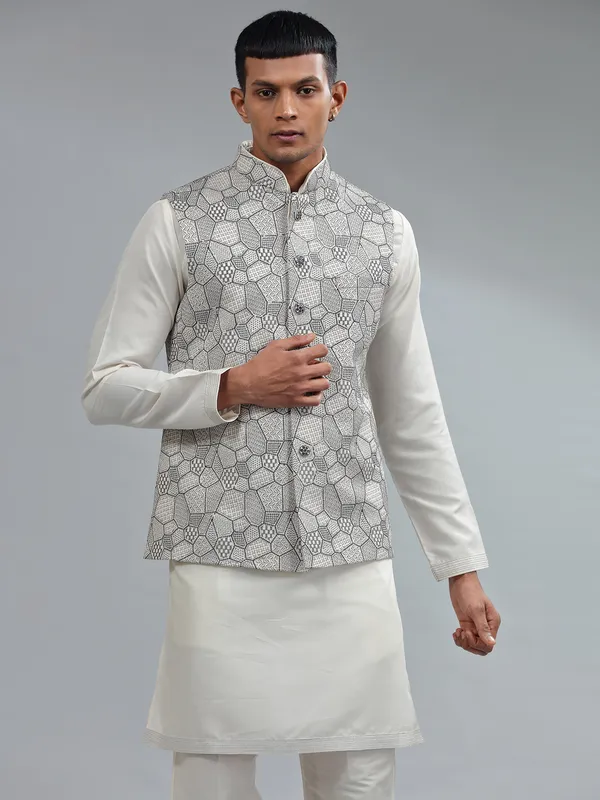 Off-white silk wedding waistcoat set-G3-MWCS1279