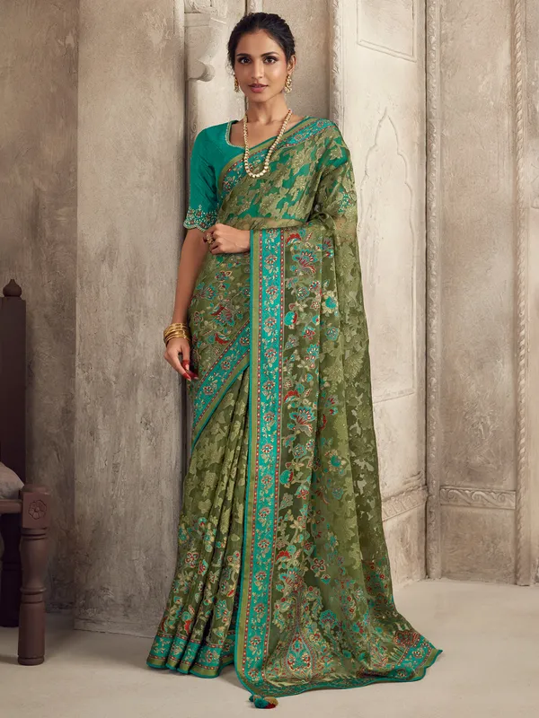 Olive brasso saree with contrast border-G3-WSA56667 | Australia