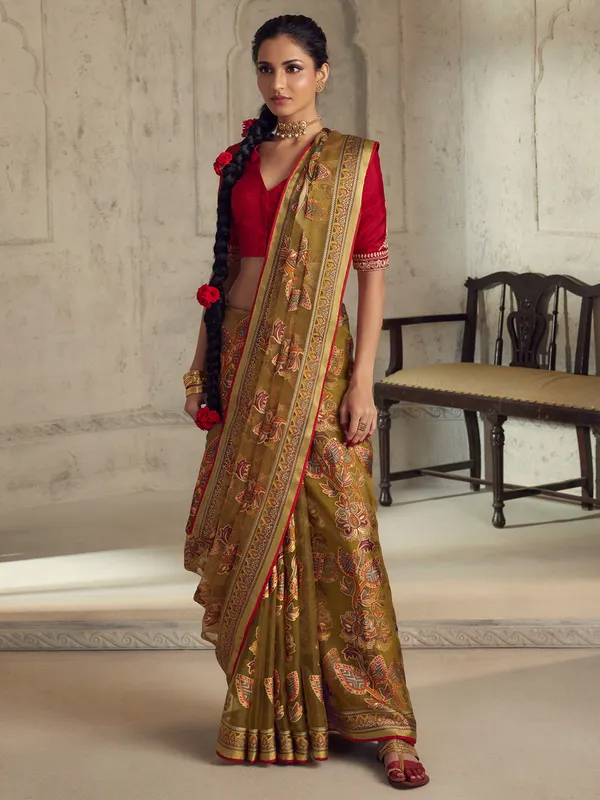 Olive brasso saree with contrast border for festive-G3-WSA56669