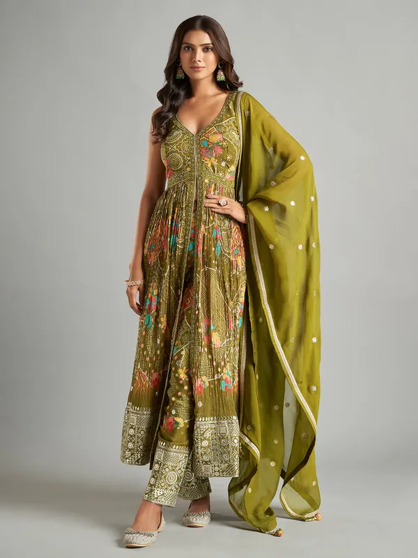 Olive printed front slit salwar suit-G3-WSS41443