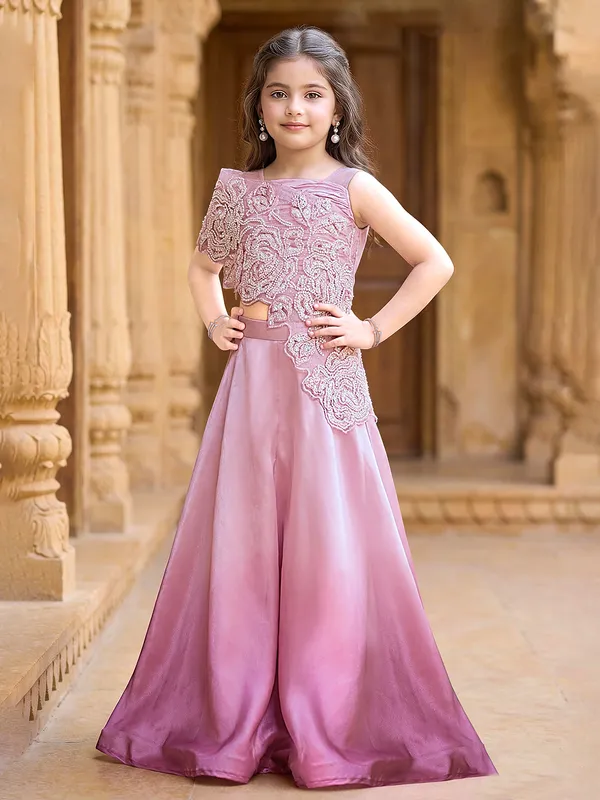Onion pink embroidered fusion palazzo suit with drape-G3-GSS3694