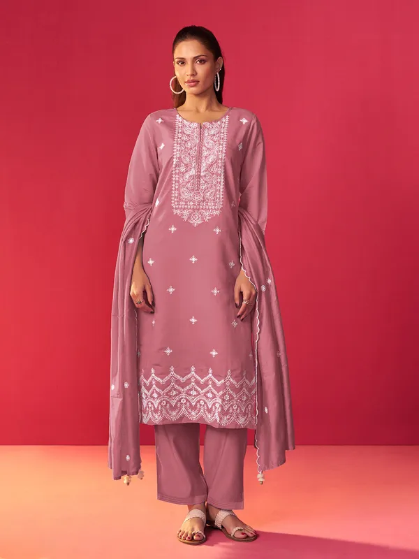 Onion pink embroidered weaving silk kurti set-G3-WKS749
