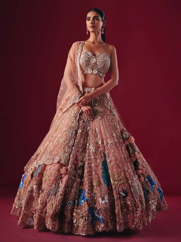 Onion pink net lehenga choli with diamond and beaded...