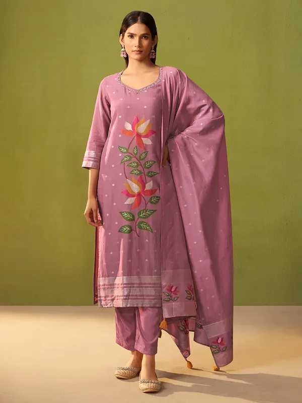 Onion pink silk kurti adorned with motifs-G3-WKS705