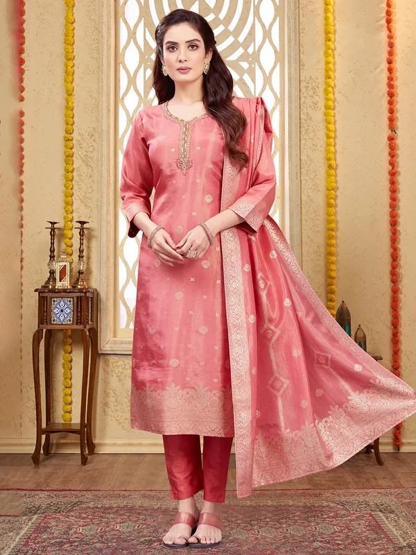 Peach silk salwar kameez with dupatta-G3-WSS42801