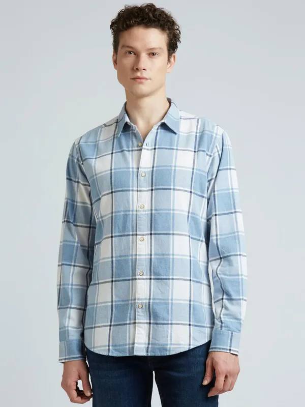 PEPE light blue cotton shirt in checks for men-G3-MCS14698