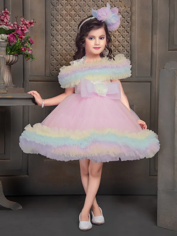 Pink ruffled net flare frock-G3-GDR0596