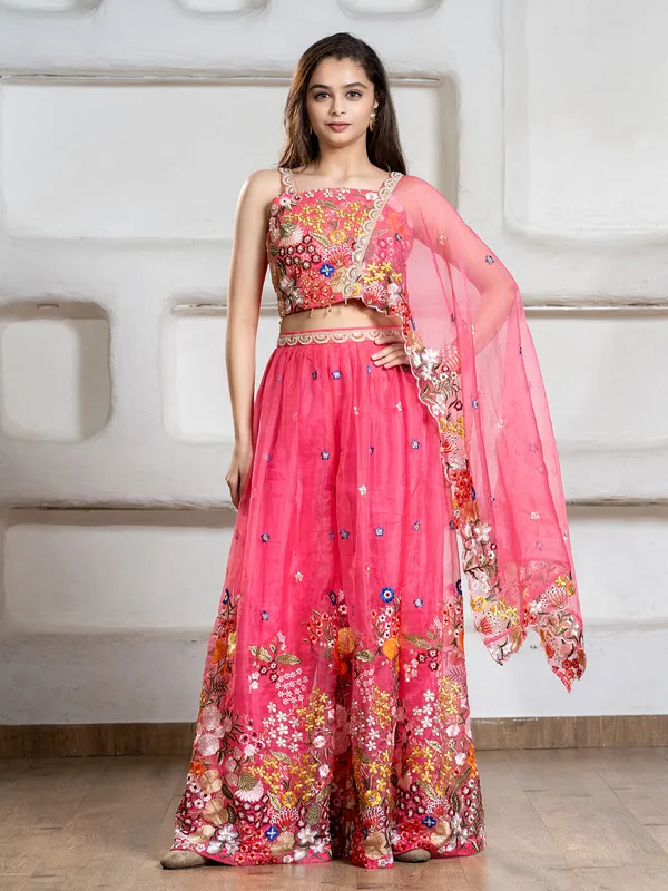 Pink tissue silk palazzo suit for girls-G3-GSS3574