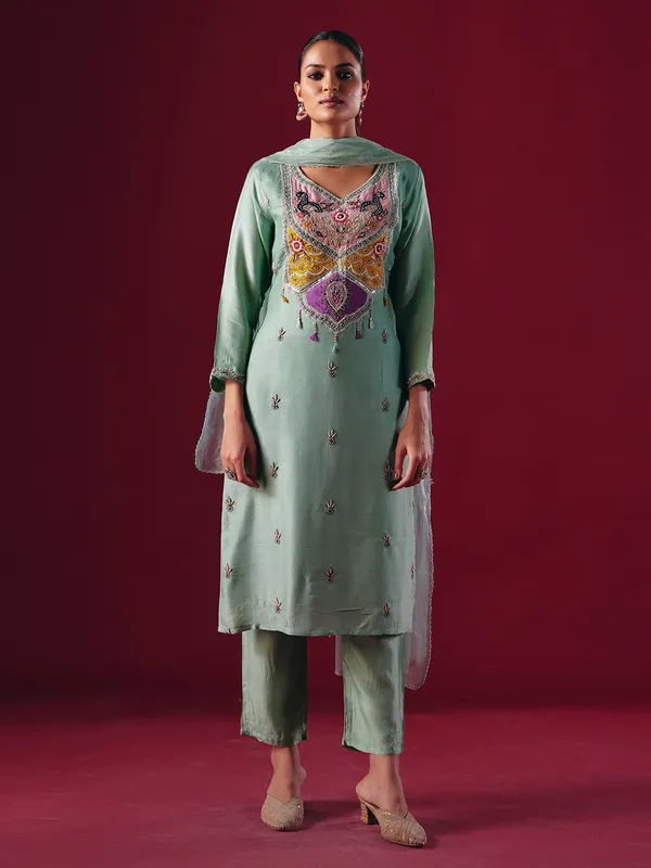 Pista green silk pakistani pant suit with dupatta-G3-WSS44328