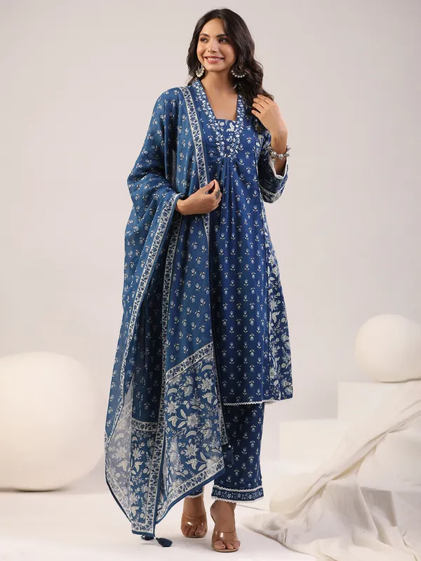 Printed cotton blue kurti set for women-G3-WKS102 | United States