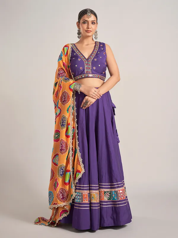 Purple silk V neck chaniya choli for navratri-G3-WLC17452 | Canada