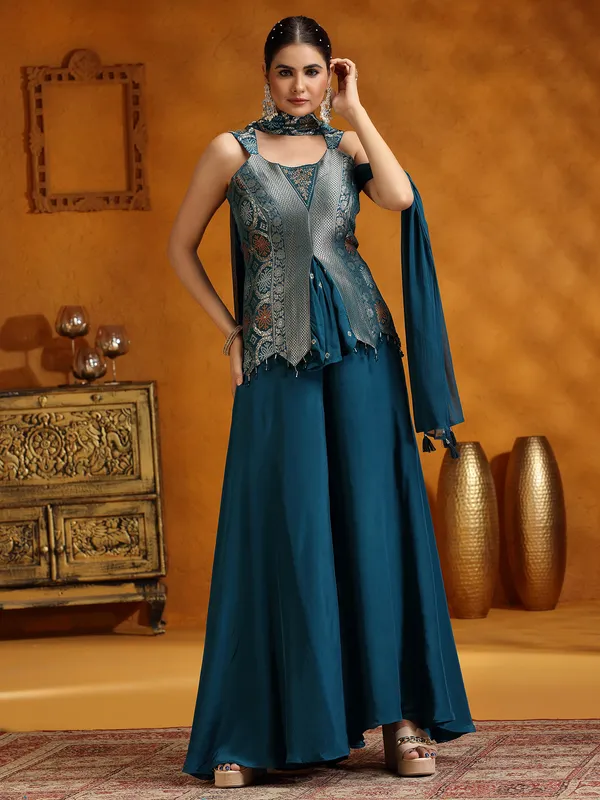 Rama green santi silk palazzo suit with dupatta-G3-WSS43145