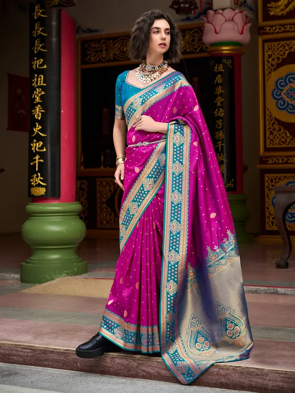 Rani color banarasi silk zari weaving saree-G3-WSA57107 | United...