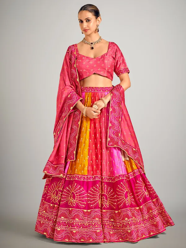 Rani color bandhej print silk lehenga choli-G3-WLC16420