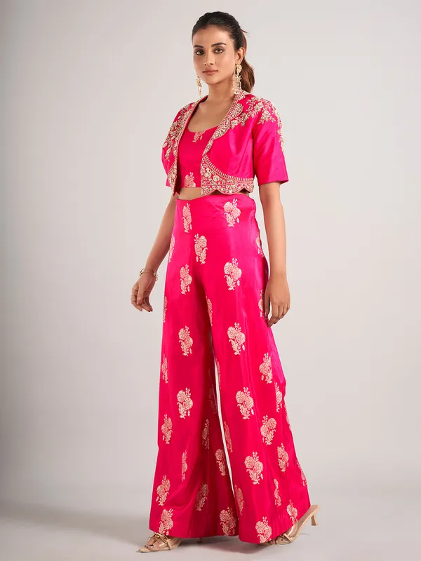 Rani color wedding wear banarasi silk palazzo suit-G3-WSS43083