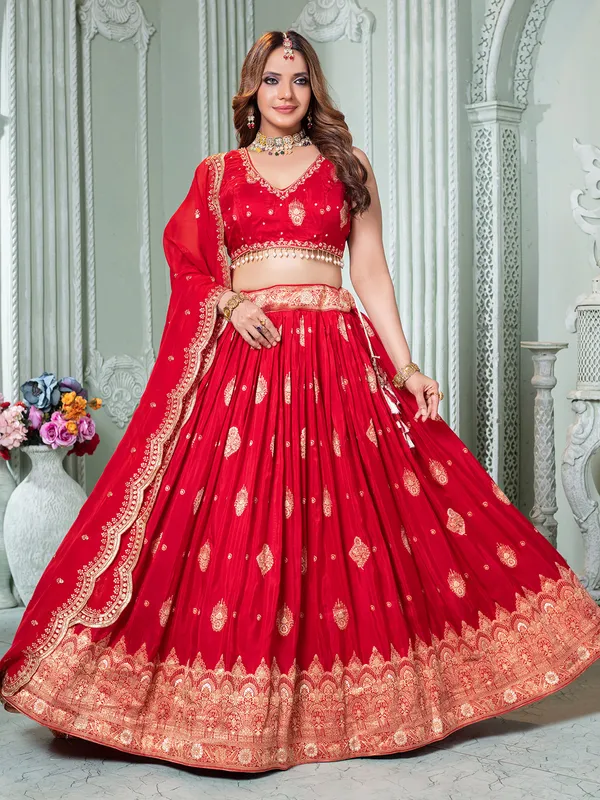 Red crepe silk lehenga choli for brides-G3-WLC17122 | United States