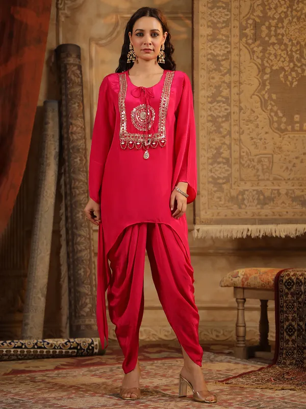 Red dhoti kurti set in satin silk-G3-WKS72 | United States