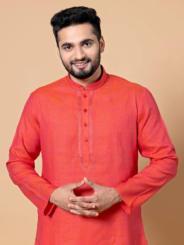 Red linen festive look kurta suit-G3-MKS4051