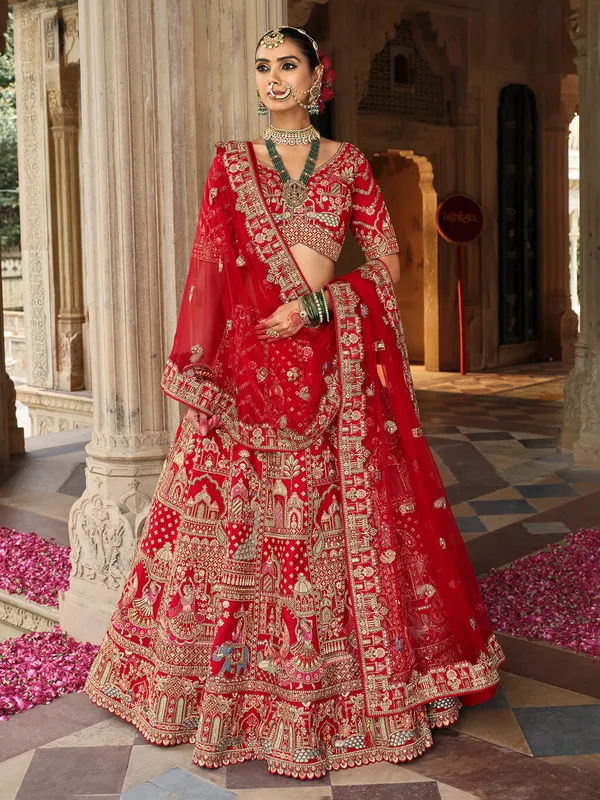 Red silk bridal lehenga choli with sequins and diamond...