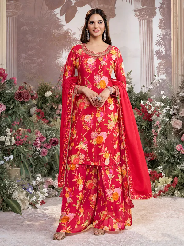 Red silk floral pakistani palazzo suit-G3-WSS44074