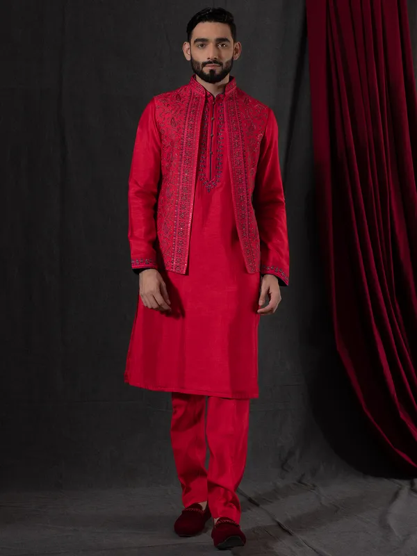 Red silk waistcoats set with multicolor embroidery-G3-MWCS1451