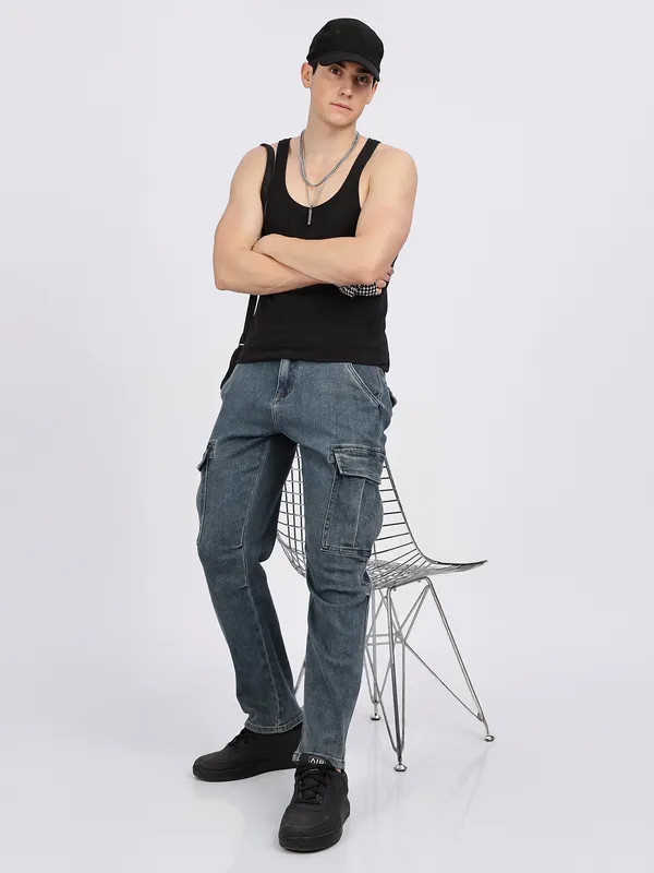 REX STRAUT solid grey cargo fit jeans for mens-G3-MJE5845