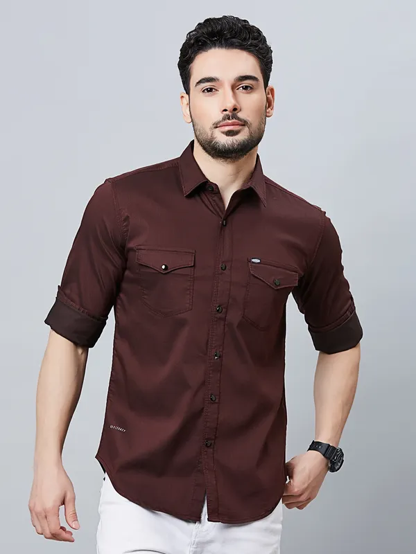 RIVER BLUE maroon plain cotton shirt-G3-MCS13420
