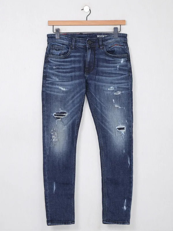 Rookies denim slim fit navy washed and ripped jeans-G3-MJE3664