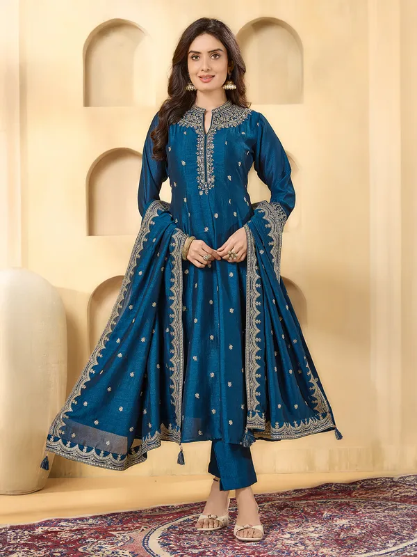 Royal blue silk stand collar festive salwar suit-G3-WSS44786