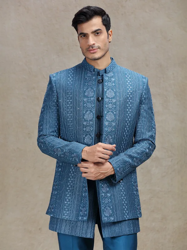 Royal rama blue indo western for receptions-G3-MIW8327
