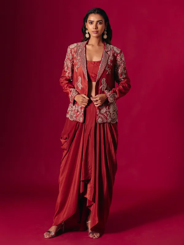 Rust red satin silk indo western suit with jacket-G3-WSS44870