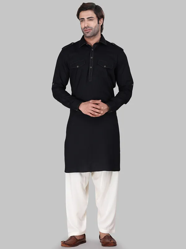 Solid black cotton rayon pathani suit-G3-MPS0540 | United States