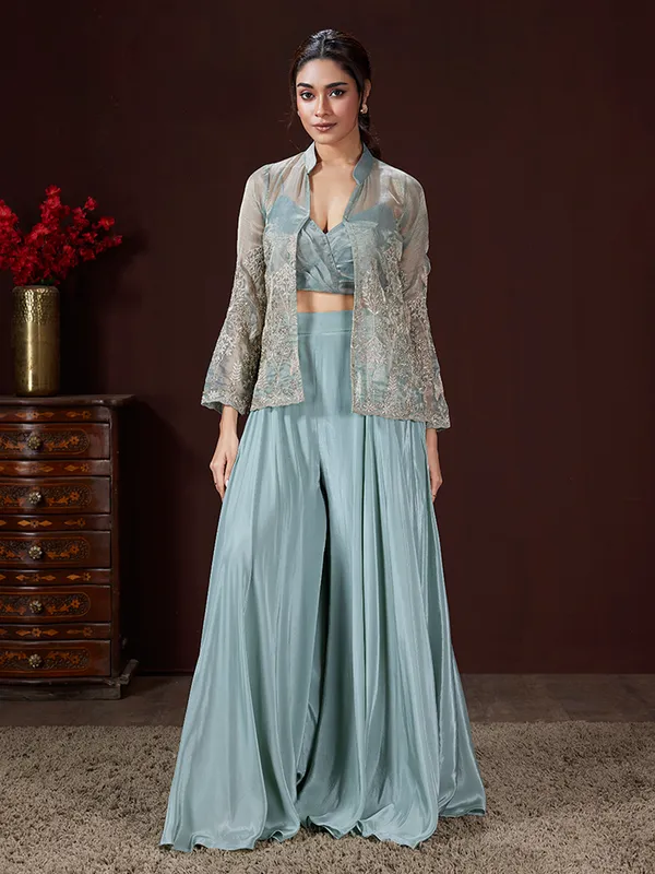 Stone blue jacket style silk palazzo suit-G3-WSS44485