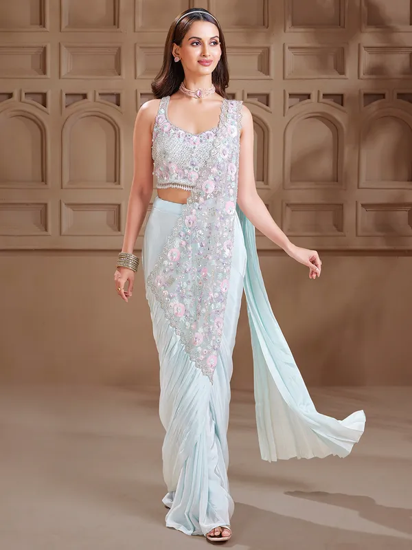 Stunning light blue satin saree-G3-WSA56879 | United States