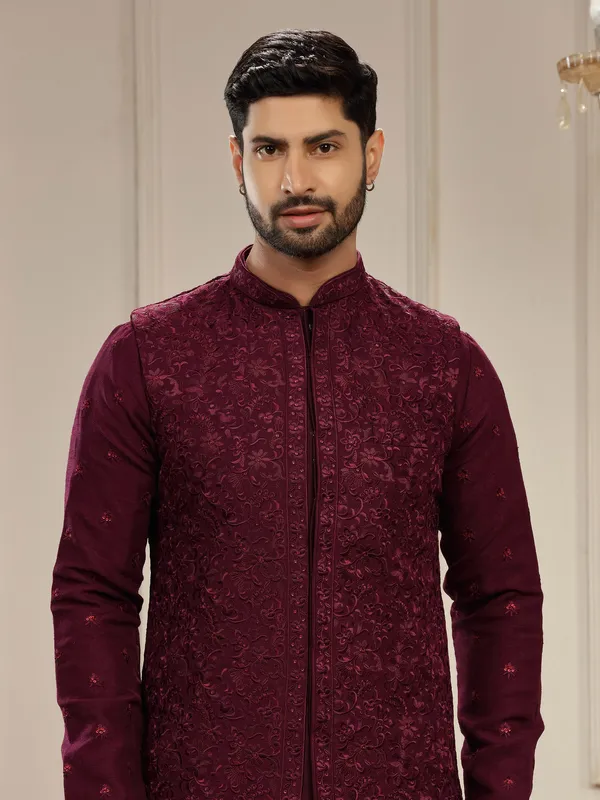 Stunning maroon silk waistcoat set-G3-MWCS1036
