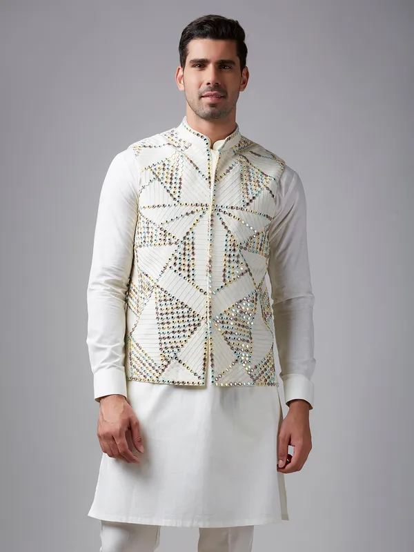 Stunning white mirror work waistcoat set-G3-MWCS1252 | United States