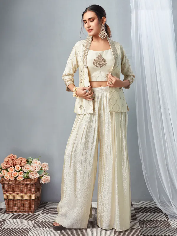 Stylish cream silk jacket style palazzo suit-G3-WSS41438 | United...
