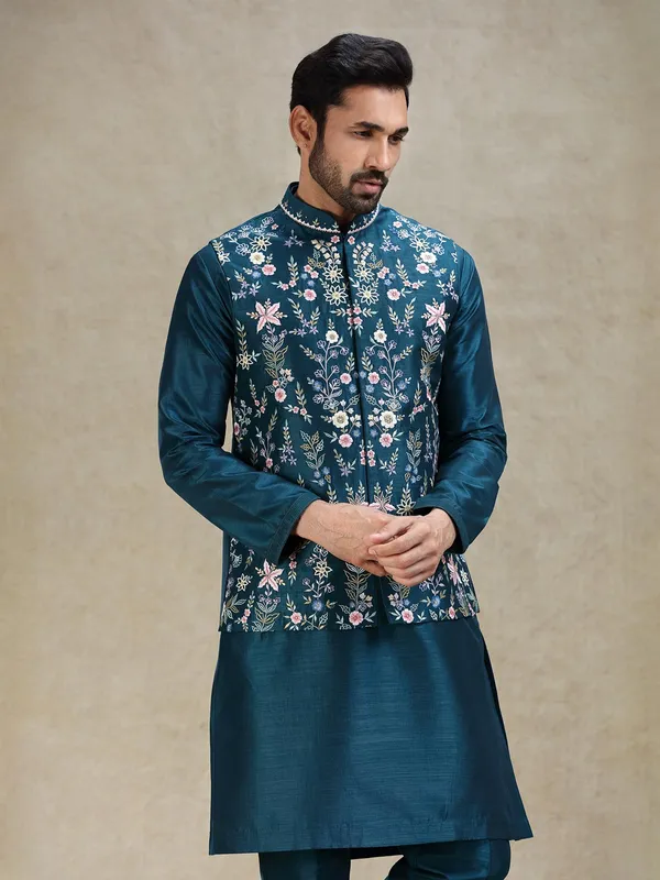 Teal blue beautifully embroidered silk kurta jacket set-G3-MWCS257...