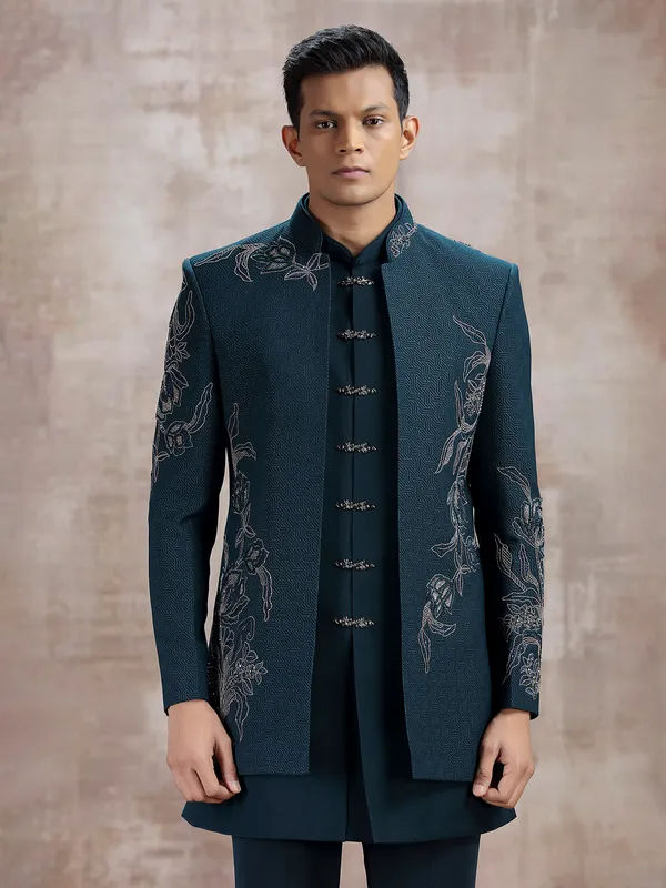 Teal blue jacket style indo western with beads work-G3-MIW8418