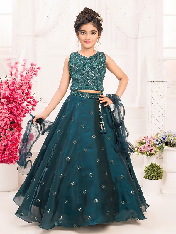 Teal green silk V neck lehenga choli with dupatta-G3-GCS3091
