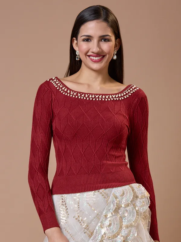 Textured knitted maroon blouse-G3-RB2156 | United States