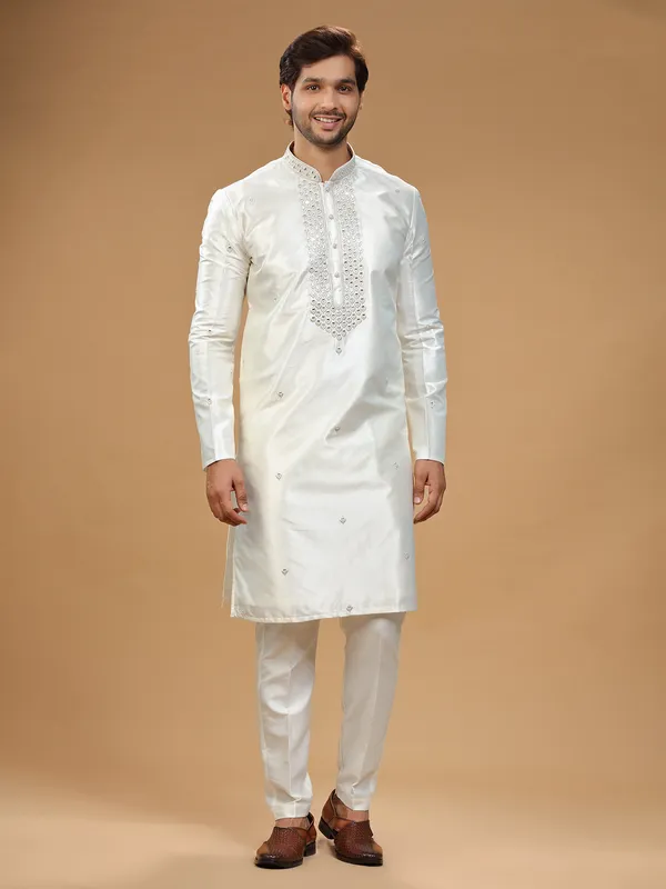 Traditional silk cream kurta suit-G3-MKS4487