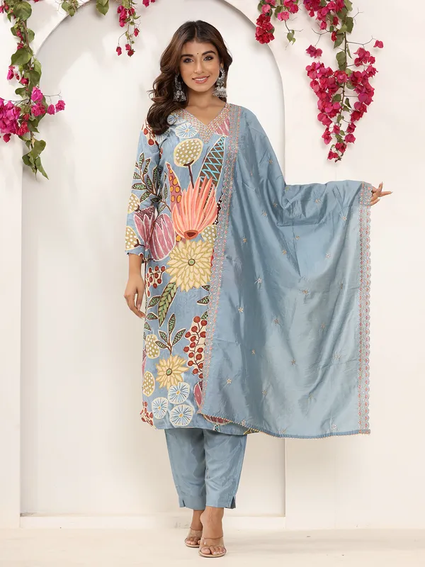 Trendy silk light blue printed kurti set-G3-WPS03212 | United States