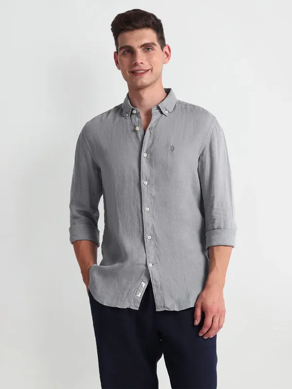 U S POLO ASSN light grey plain shirt-G3-MCS13811