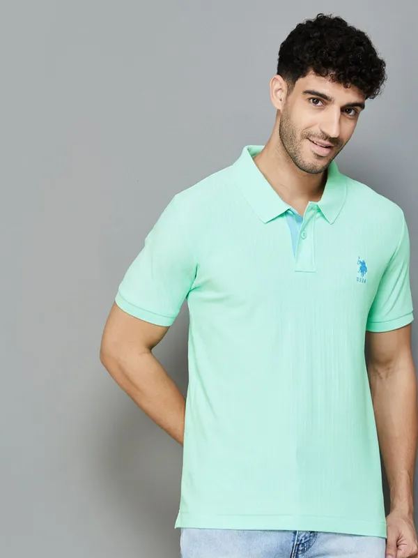 U S POLO ASSN mint green polo collar cotton t-shirt-G3-MTS18933