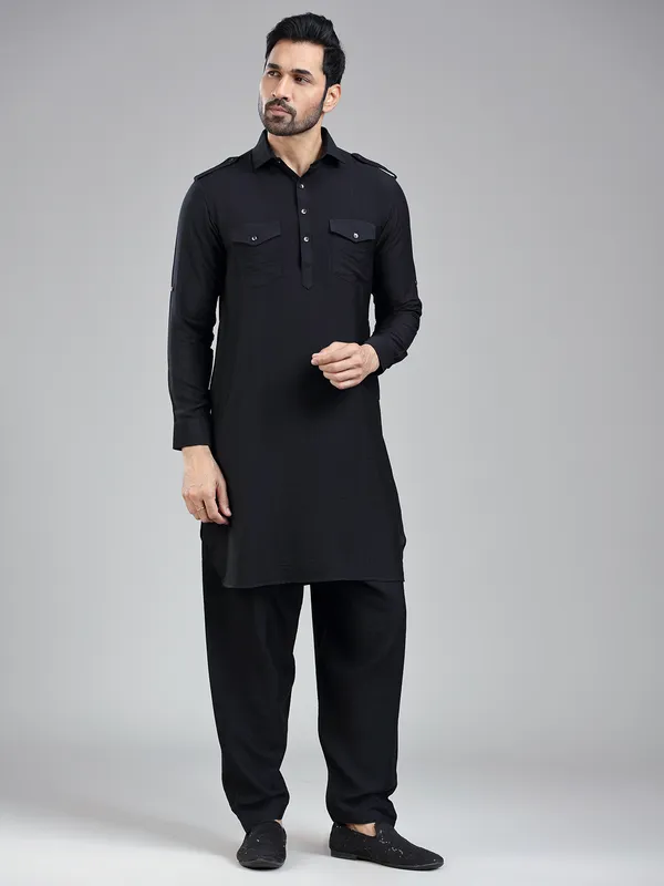 Understated classic black mens pathani with salwar-G3-MPS4285