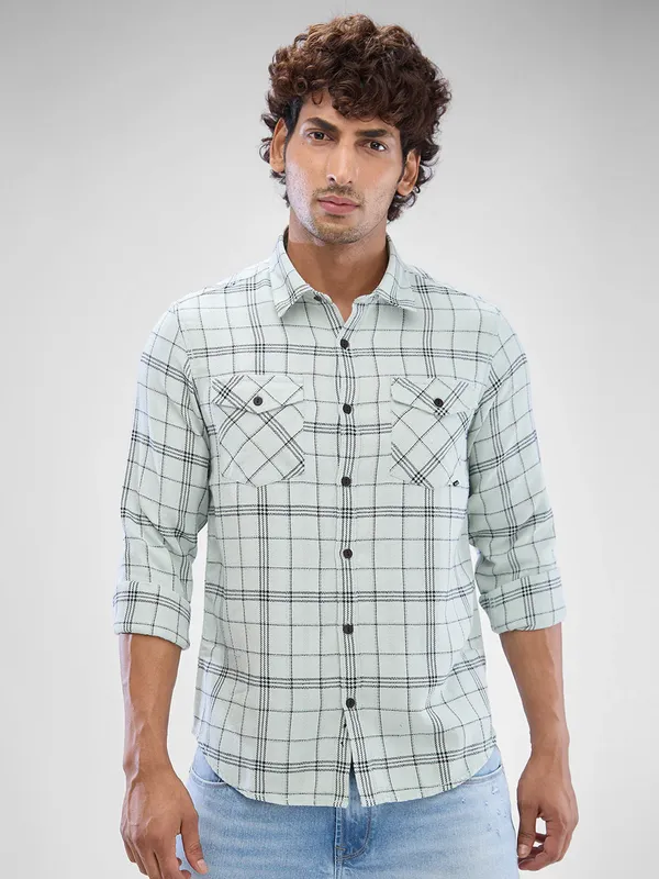 SPYKAR light green cotton checkered shirt-G3-MCS14490 | United States