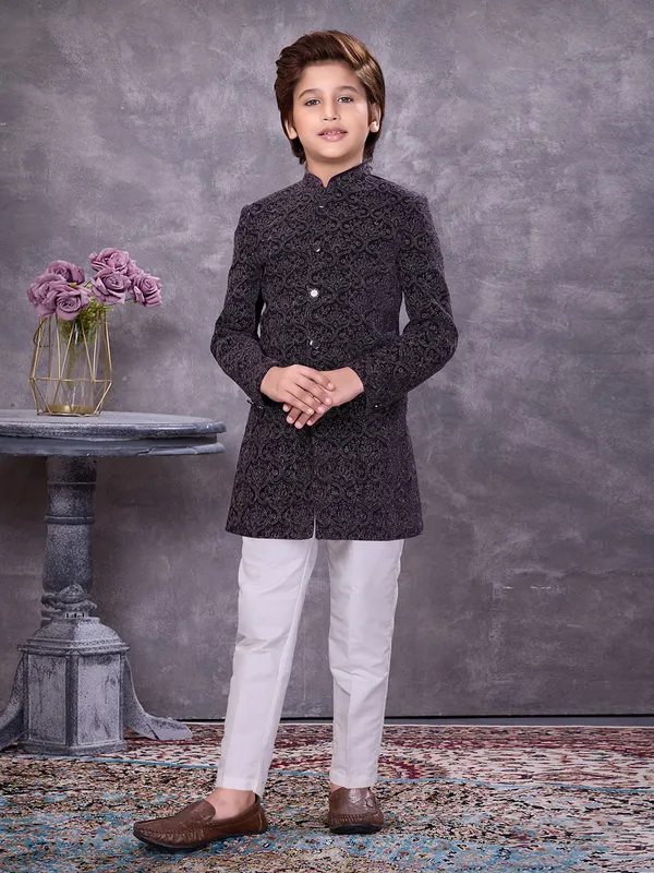 Velvet purple embroidered royal boys indowestern-G3-BIW1634
