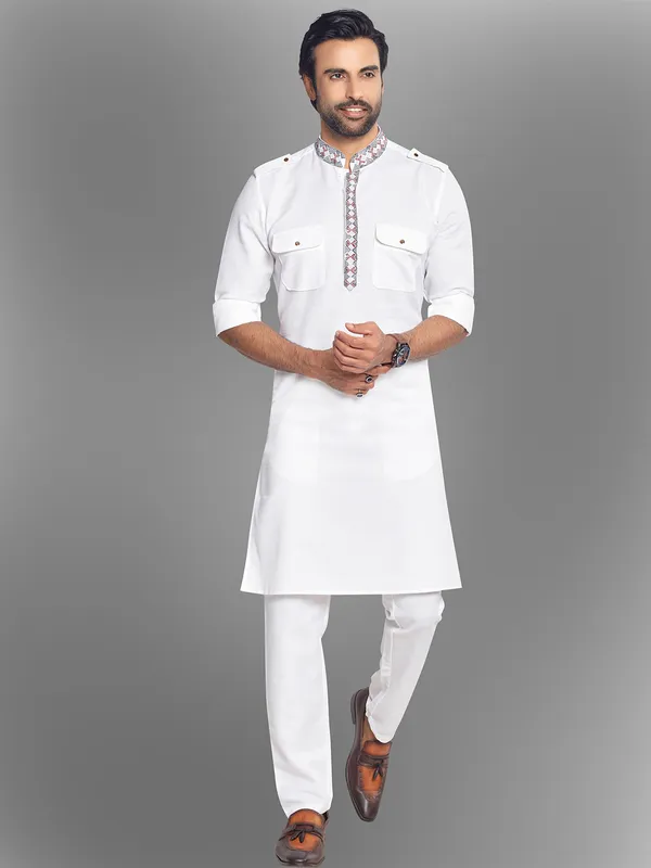 White cotton plain festive pathani suit-G3-MKS4205