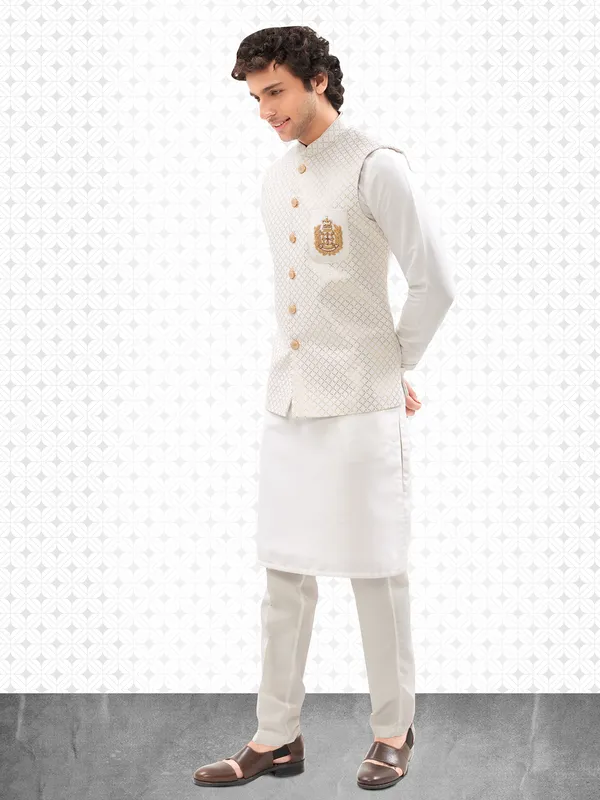 White cotton silk kurta jacket set for men-G3-MWCS1379
